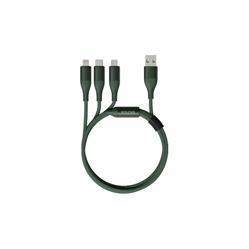 Кабель 3 in 1 USB Lightning/Micro/Type-C SOLOVE 120 см 5V 2,4А нейлоновая ткань D3,8мм Защитный ЧИП (DW2 Green), зеленый
