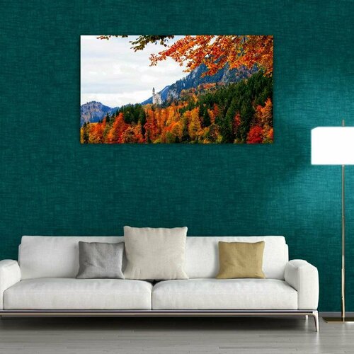 Картина на холсте 60x110 LinxOne "Горы осень небо лес" интерьерная для дома / на стену / на кухню / с подрамником