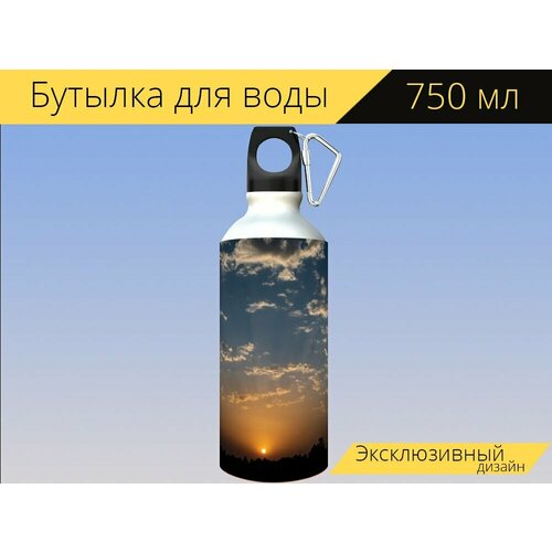 Бутылка фляга для воды "Заход солнца, солнце, пейзаж" 750 мл. с карабином и принтом