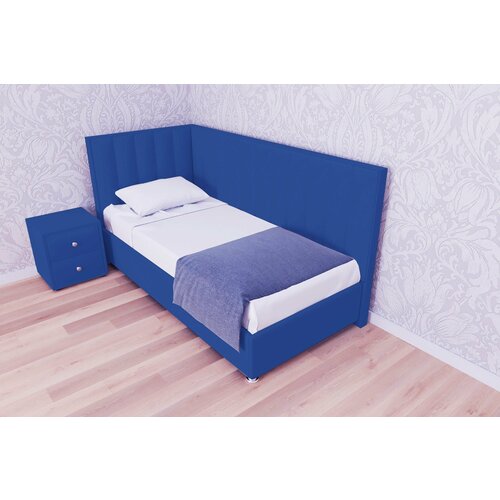 Двуспальная кровать Сочи 140x200 основание металлическое с ламелями велюр синий без ножек угол правый