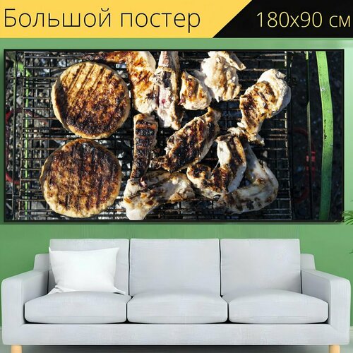 Большой постер "Пикник, мясо, бифштекс" 180 x 90 см. для интерьера