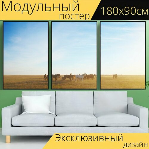 Модульный постер "Степь, лошадь, небо" 180 x 90 см. для интерьера