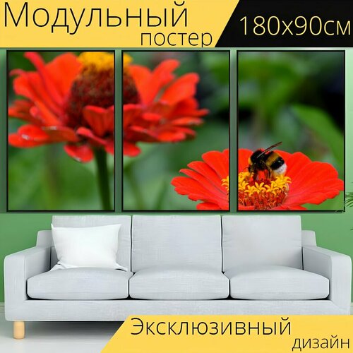 Модульный постер "Шмель, пчела, цветок" 180 x 90 см. для интерьера