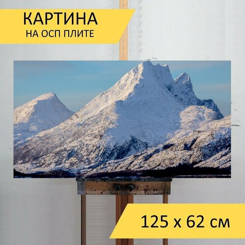 Картина на ОСП 125х62 см. "Море, горы, снег" горизонтальная, для интерьера, с креплениями