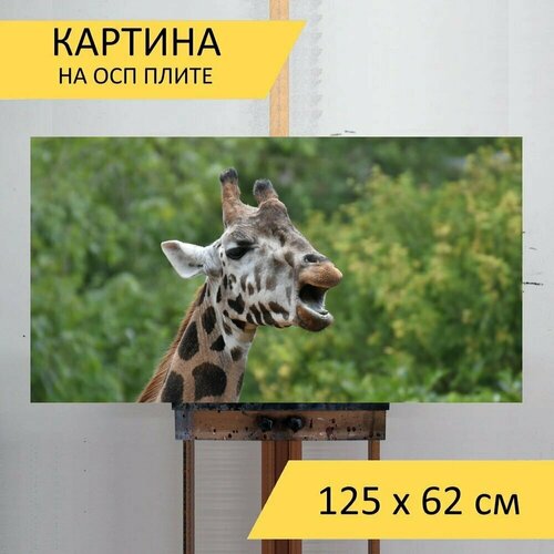 Картина на ОСП 125х62 см. "Жирафа, голова, рога" горизонтальная, для интерьера, с креплениями