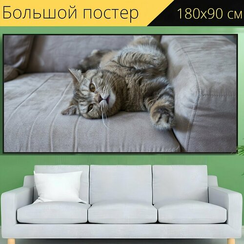 Большой постер "Кот, диван, ленивый кот" 180 x 90 см. для интерьера
