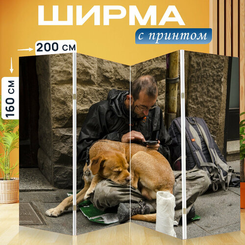 Ширма перегородка с принтом "Собака, бездомный, щенок" на холсте - 200x160 см. для зонирования, раскладная