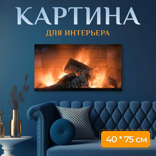 Картина на холсте "Камин, огонь, тепло" на подрамнике 75х40 см. для интерьера
