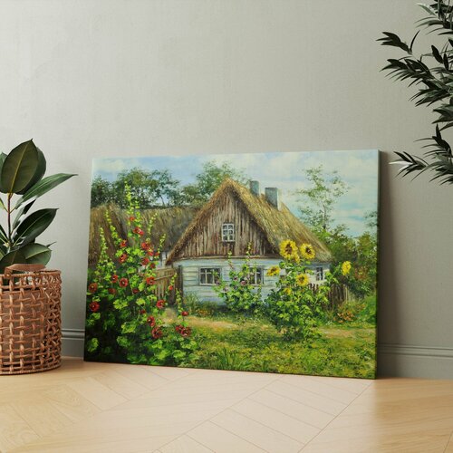Картина на холсте (домик в деревне лето в в пейзаж сельский) 40x60 см/для интерьера/в комнату/на стену/в подарок