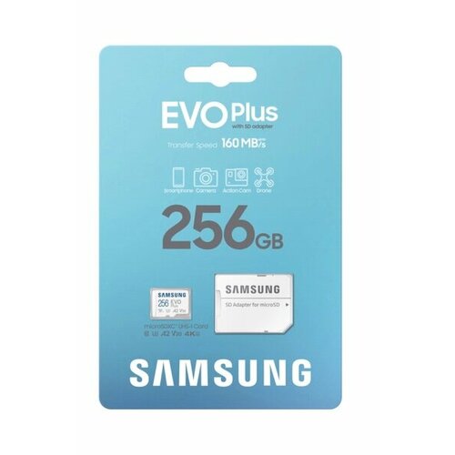 Карта памяти Samsung microSDXC 256 ГБ Class 10, V30, A2, UHS-I U3, R 160 МБ/с, адаптер на SD, 1 шт, белый