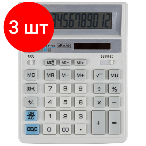 Комплект 3 штук, Калькулятор настольный полн/Р Attache AF-888.12р, дв. пит,204x158мм, белый