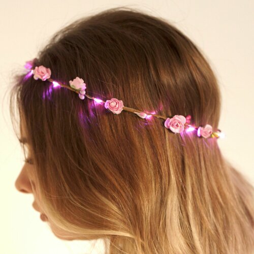 Ободок для волос женский светящийся с цветами розовый