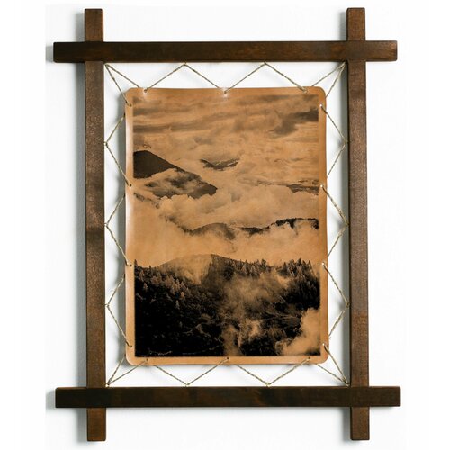 Картина Туман в горах, гравировка на натуральной коже, интерьерная для украшения и декора на стену в деревянной раме, подарок, BoomGift
