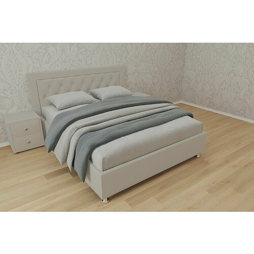 Двуспальная кровать Алания 140x200 основание металлическое с ламелями велюр бежевый ножки 5 см