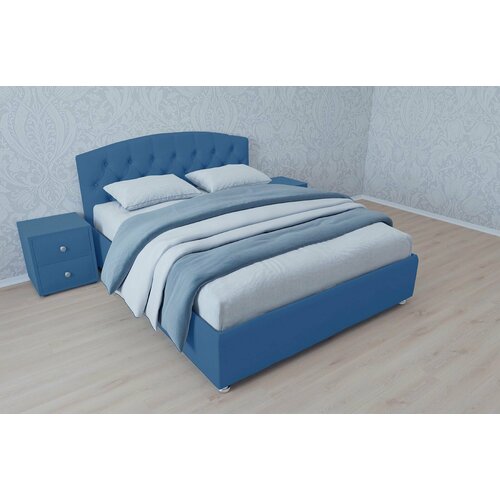 Двуспальная кровать Берлин с матрасом 180x200 с подъемным механизмом и с коробом для белья велюр синий без ножек
