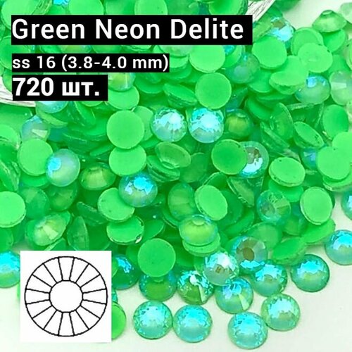 Неоновые стразы клеевые/холодной фиксации, ss 16 (3.8-4.0 mm), 720 шт, Green Neon Delite, стекло, Корея