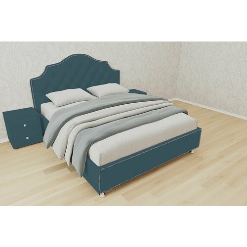 Двуспальная кровать Мария с кареткой 180x200 с подъемным механизмом и с коробом для белья велюр бирюзовый ножки 5 см