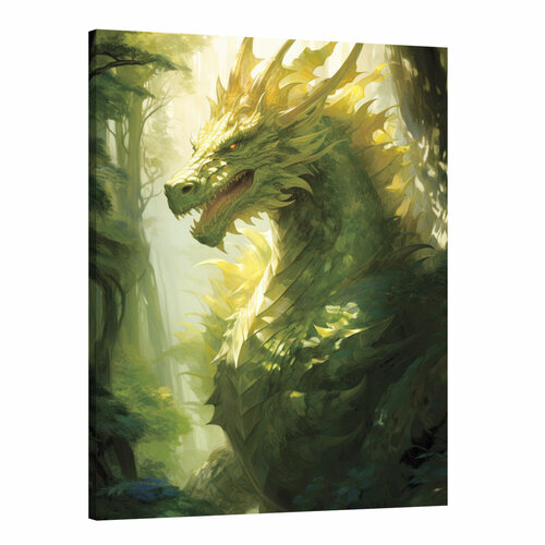 Интерьерная картина 50х70 "Зеленый дракон среди золотистых деревьев в сказочном лесу"