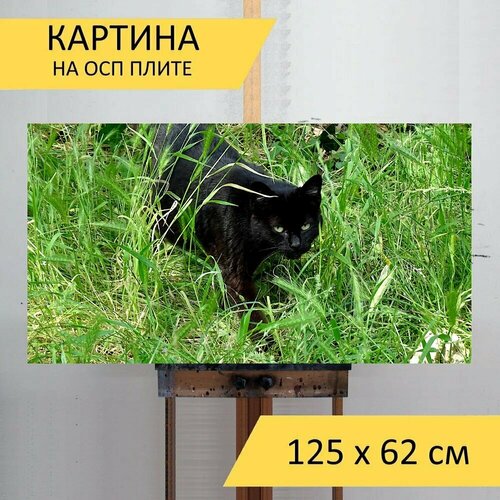 Картина на ОСП 125х62 см. "Кошка, черный кот, кошачьи" горизонтальная, для интерьера, с креплениями