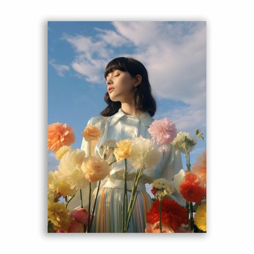 Постер, плакат на бумаге / Девшука в цветочном поле / Размер 60 x 80 см