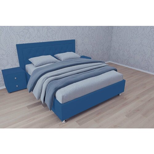Двуспальная кровать Алания 160x200 с подъемным механизмом и с коробом для белья велюр синий ножки 5 см