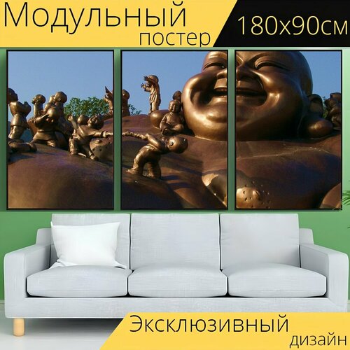 Модульный постер "Бронзовая статуя, будда, монах" 180 x 90 см. для интерьера