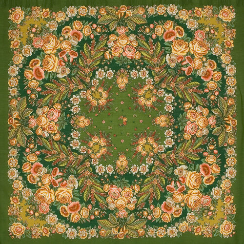 Платок Павловопосадская платочная мануфактура,146х146 см, бежевый, зеленый