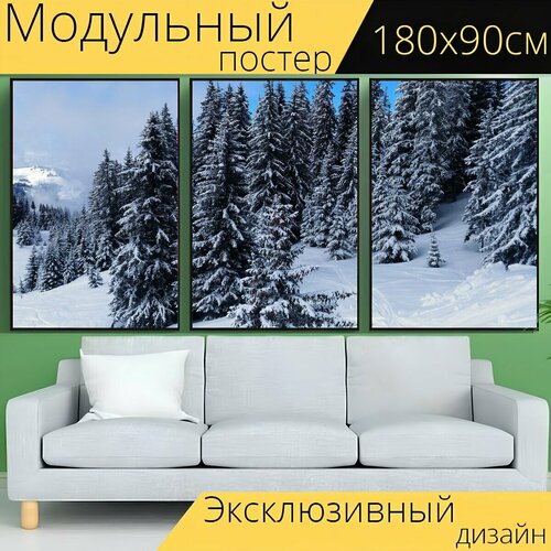 Модульный постер "Кататься на лыжах, снег, дерево" 180 x 90 см. для интерьера