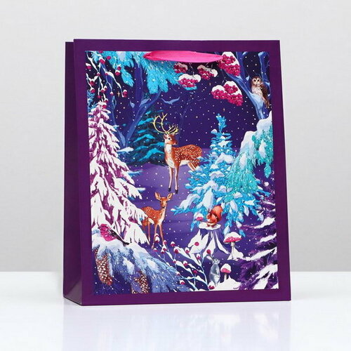 Пакет подарочный "Олени в зимнем лесу", 26 x 32 x 12 см, 6 шт.