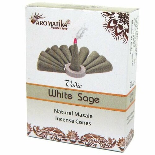 Vedic WHITE SAGE Natural Masala Incense Cones, Aromatika (Ведик белый шалфей, натуральные конусные благовония, Ароматика), уп. 10 конусов.