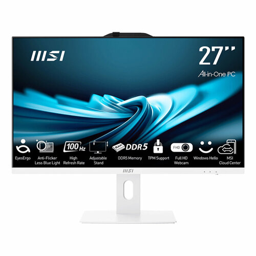 Моноблок MSI Pro AP272P 14M AiO 27 FHD (1920x1080)IPS AG Non-touch, Core i5-14400 (2.5GHz), 8Gb DDR4(1x8Gb), 512GB SSD M.2, Intel UHD, WiFi, BT, camera, WirelessKBamp; mouse Eng/ Rus, No OS,1y war-ty, White (9S6-AF8322-665)