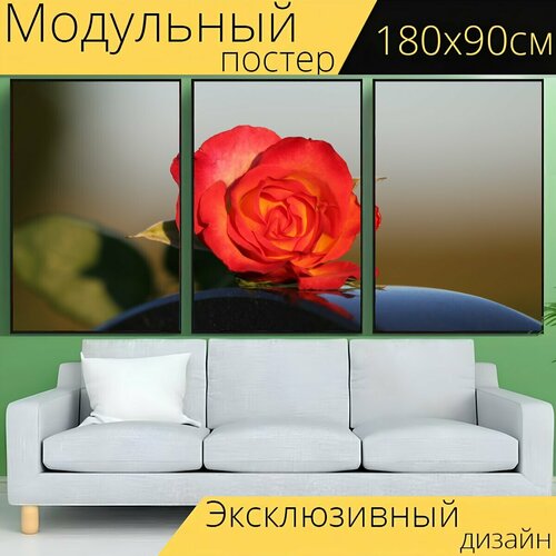 Модульный постер "Красная желтая роза, памятник сердце, черный мрамор" 180 x 90 см. для интерьера