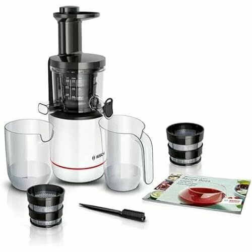 Соковыжималка Bosch SlowJuicer VitaExtract MESM500W, безвредное для витаминов приготовление сока, очень тихая, легкая очистка, для твердых фруктов и овощей, без BPA, 150 Вт, белая