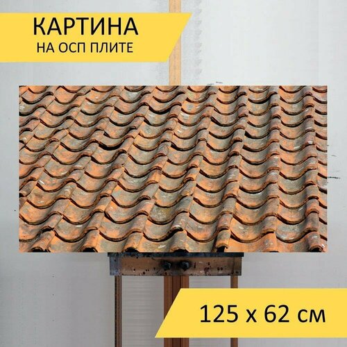Картина на ОСП 125х62 см. "Кирпич, крыша, кирпичи" горизонтальная, для интерьера, с креплениями