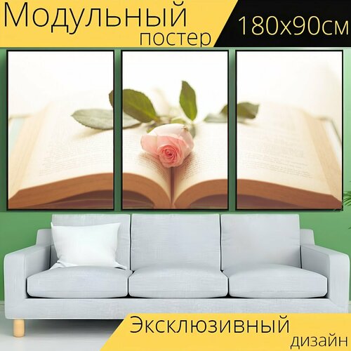 Модульный постер "Роза, книга, любовь к книгам" 180 x 90 см. для интерьера