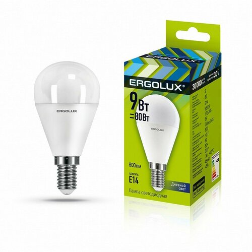 Ergolux LED-G45-9W-E14-6K (Эл. лампа светодиодная Шар 9Вт E14 6500K 172-265В), цена за 1 шт.
