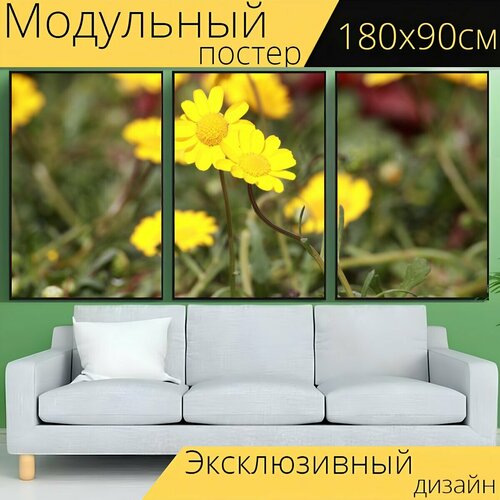 Модульный постер "Желтый цветок, весна, весенние цветы" 180 x 90 см. для интерьера