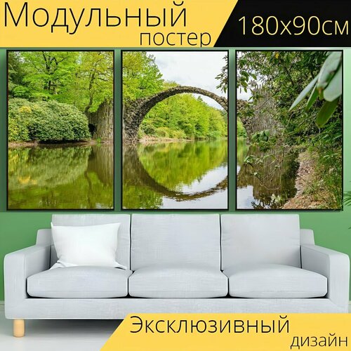 Модульный постер "Зеркальное отображение, мост, река" 180 x 90 см. для интерьера