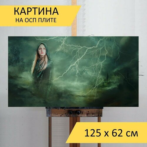 Картина на ОСП 125х62 см. "Богиня теги, составной, молния" горизонтальная, для интерьера, с креплениями