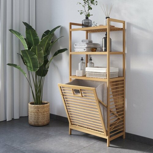 Этажерка для ванной из бамбука, Стеллаж для хранения с корзиной для белья Bambuchka, 50x30x120 см