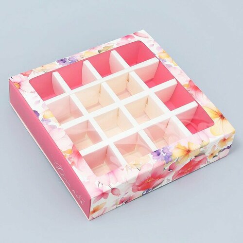 Коробка под 16 конфет с ячейками «Цветы» 17.7 х 17.7 х 3.8 см