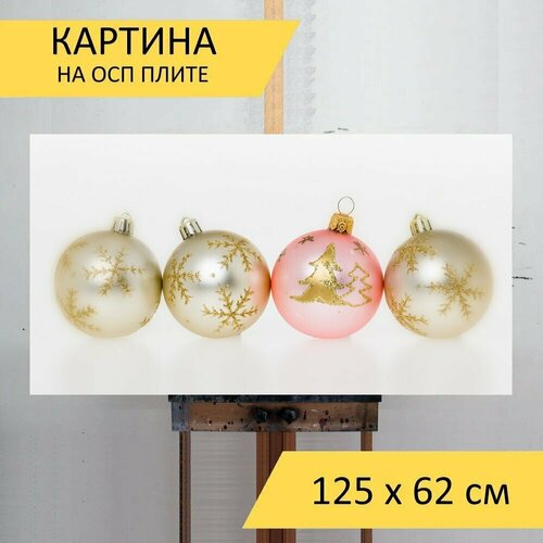Картина на ОСП 125х62 см. "Рождество, елочные шары, четыре" горизонтальная, для интерьера, с креплениями
