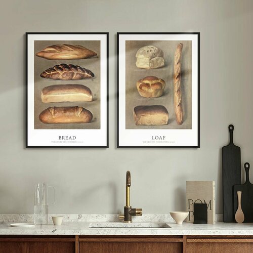 Постер 2 шт 50х70 без рамки "Хлеб ретро иллюстрация" набор картин для интерьера