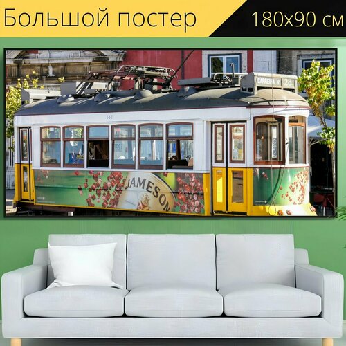Большой постер "Трамвай, город, транспорт" 180 x 90 см. для интерьера