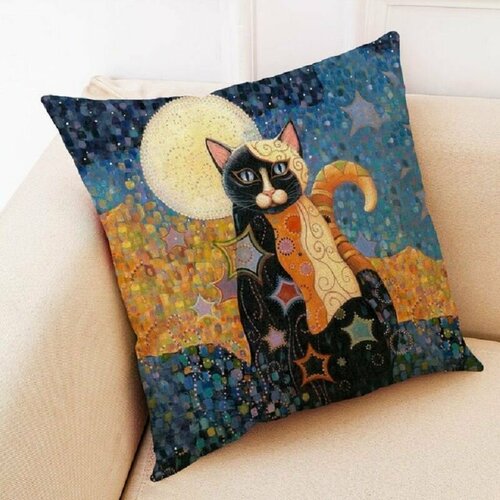 Чехол для подушки 40х40 / Наволочка декоративная на молнии, лунный кот