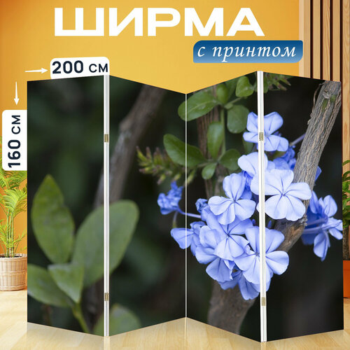 Ширма перегородка с принтом "Синие цветы, цветы, лепестки" на холсте - 200x160 см. для зонирования, раскладная