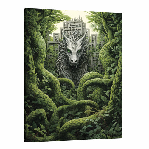 Интерьерная картина 50х70 "Деревянный дракон в зеленом лабиринте"