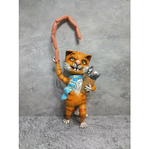 Ватная елочная игрушка ручной работы "Рыжий кот", оригинальный подарок, 13,5 см