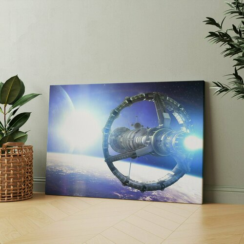 Картина на холсте (космический корабль в экран в иллюминаторе фантастика орбита) 60x80 см/для интерьера/в комнату/на стену/в подарок