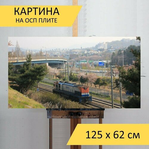 Картина на ОСП 125х62 см. "Корея, железная дорога, движение" горизонтальная, для интерьера, с креплениями